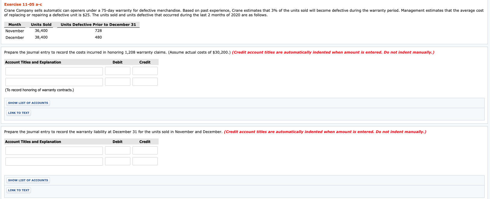Solved Exercise 11-05 a-c Crane Company sells automatic can | Chegg.com