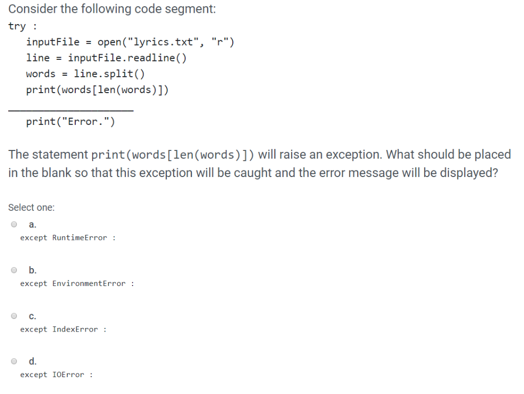 Consider Following Code Segment Try Inputfile Open Lyricstxt R Line ... Consider Following Code Segment Try Inputfile Open Lyricstxt R Line ...