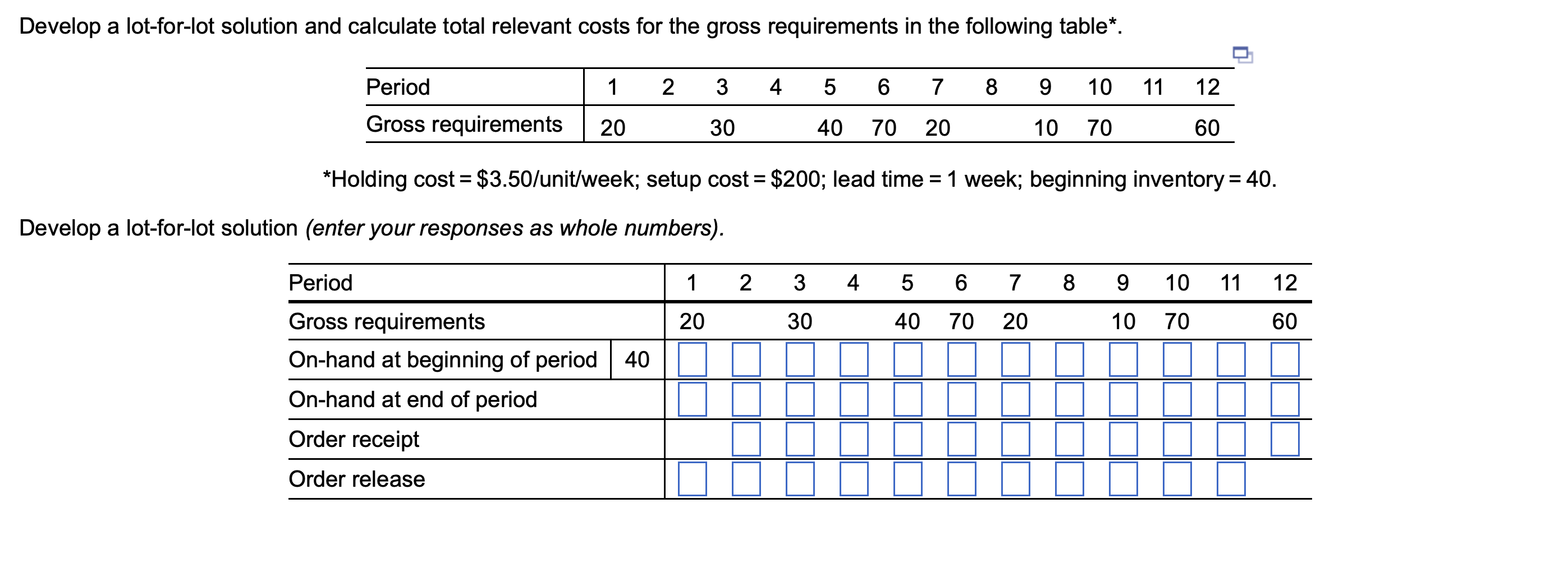 Solved Develop a lot-for-lot solution and calculate total | Chegg.com