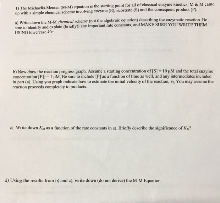 Solved The Michaelis Menten (M-M equation is the starting | Chegg.com