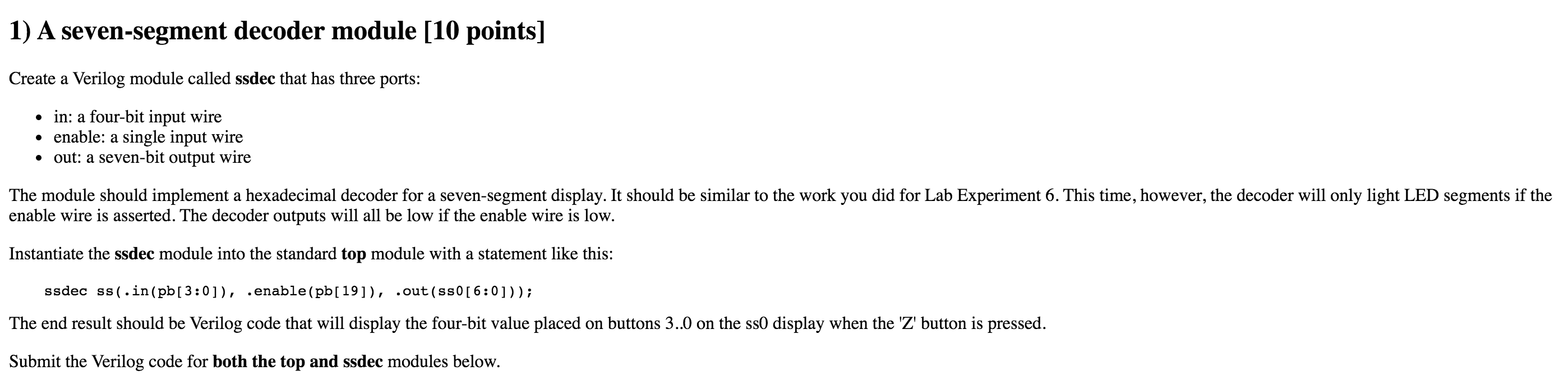 1) A seven-segment decoder module [10 points] Create | Chegg.com