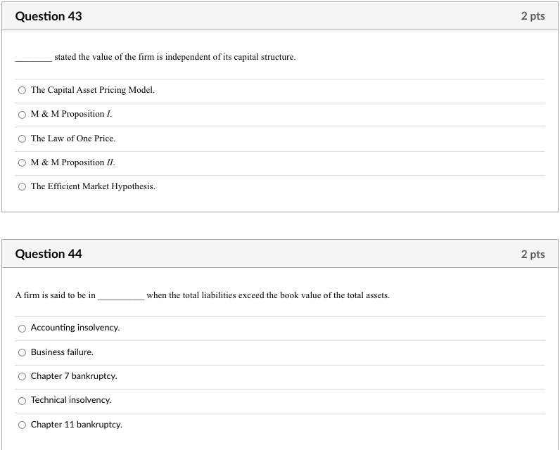Solved Question 43 2 pts stated the value of the firm is | Chegg.com