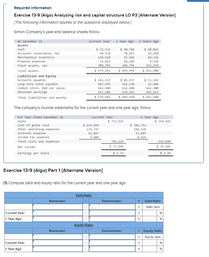 Solved Required Information Exercise 13-9 (Algo) Analyzing | Chegg.com