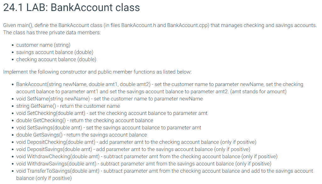 Solved 24.1 LAB: BankAccount class Given main(), define the | Chegg.com Solved 24.1 LAB: BankAccount class Given main(), define the | Chegg.com