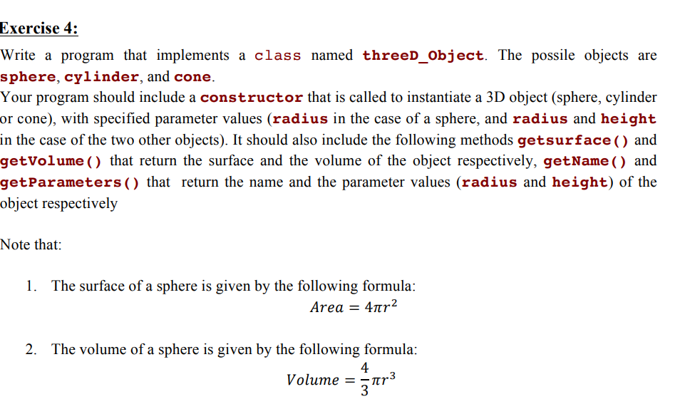 Solved Exercise 4: Write a program that implements a class | Chegg.com