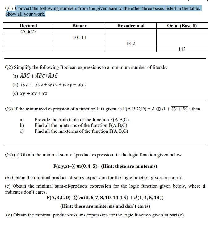 Solved Q1) Convert the following numbers from the given base | Chegg.com