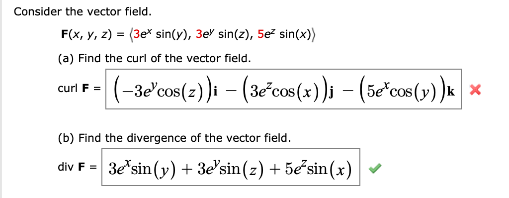 Solved Consider the vector field. F(x, y, z) = (3ex sin(y), | Chegg.com