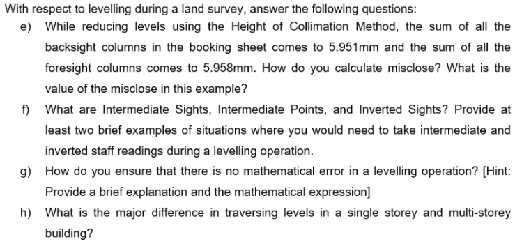 Solved With respect to levelling during a land survey, | Chegg.com