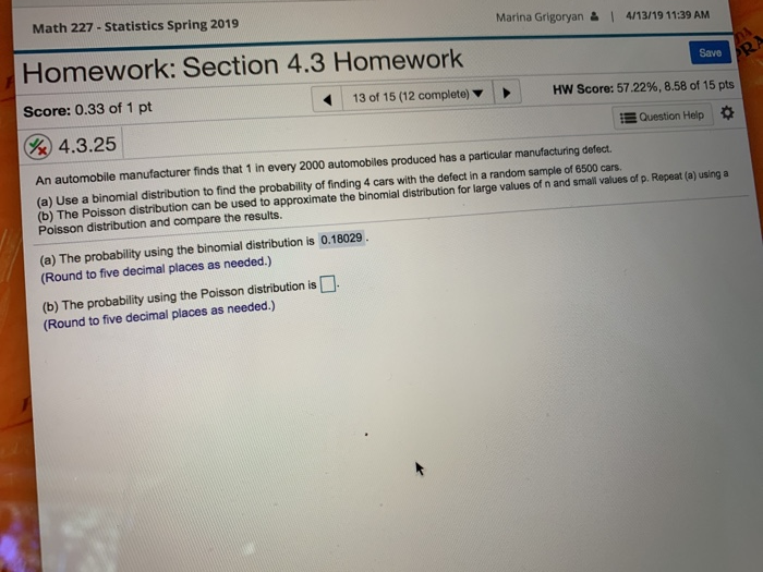 Solved Math 227 -Statistics Spring 2019 Homework: Section | Chegg.com