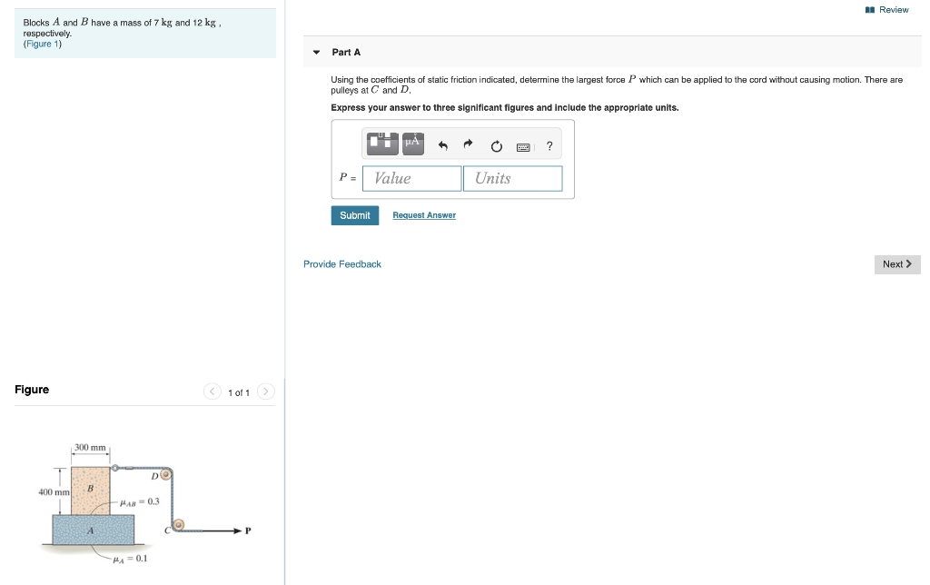 Solved u Review Blocks A and B have a mass of 7 kg and 12 kg | Chegg.com