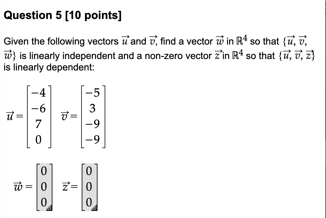 Solved Given the following vectors u and v, find a vector w | Chegg.com