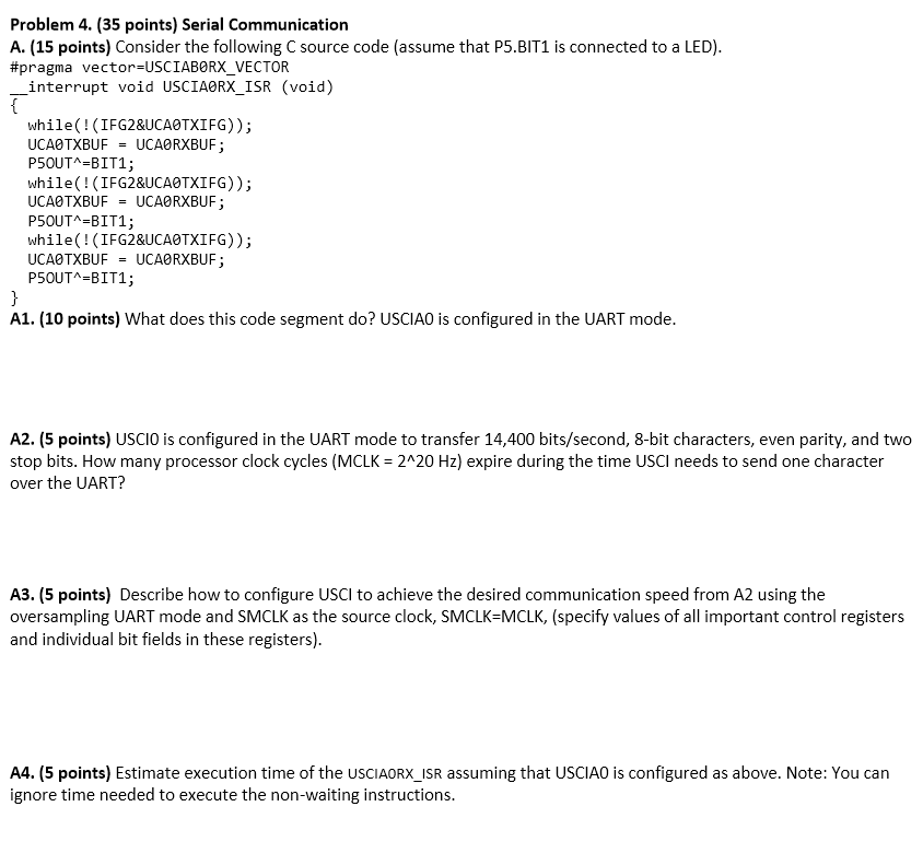 Problem 4. (35 points) Serial Communication A. (15 | Chegg.com