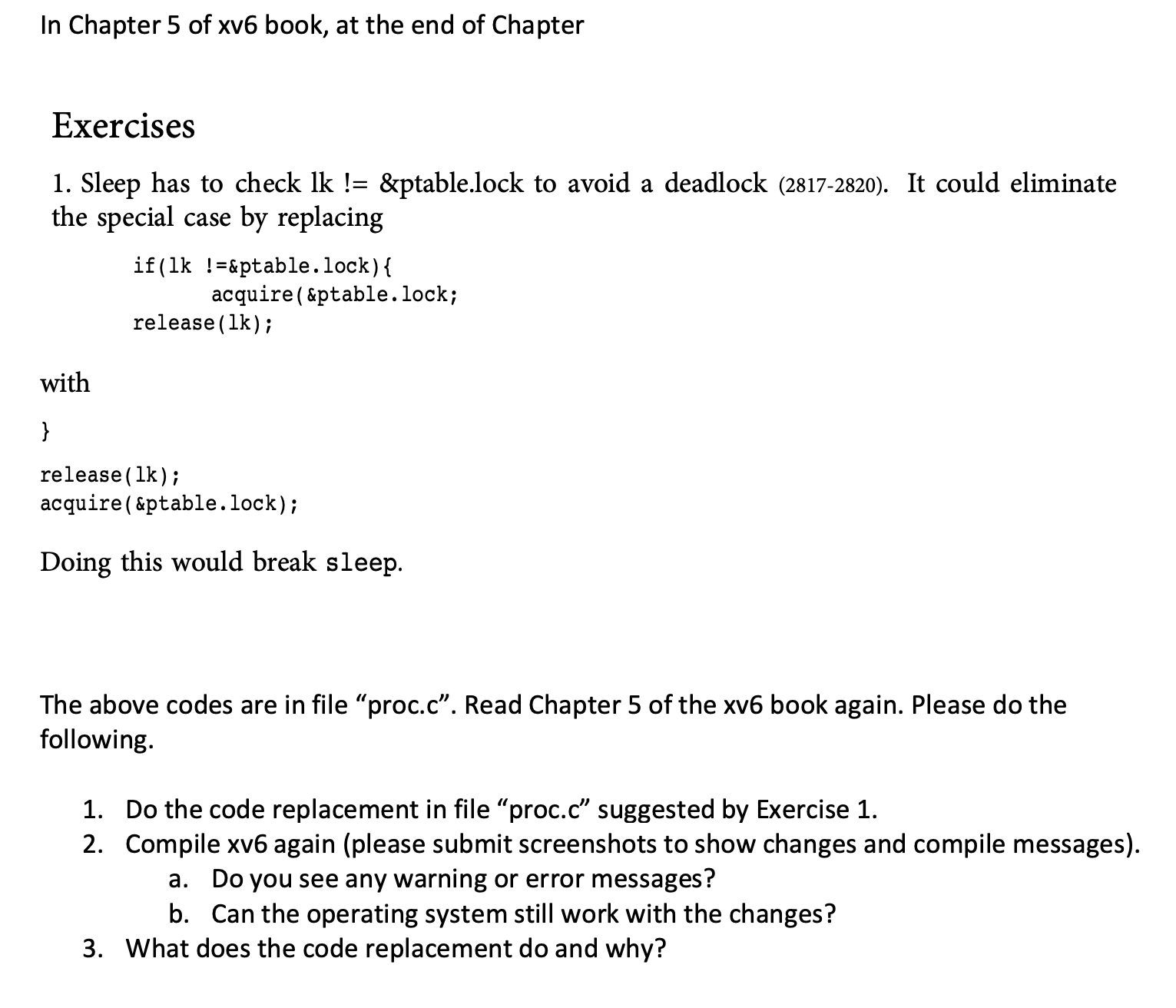 In Chapter 5 of xv6 book, at the end of Chapter | Chegg.com