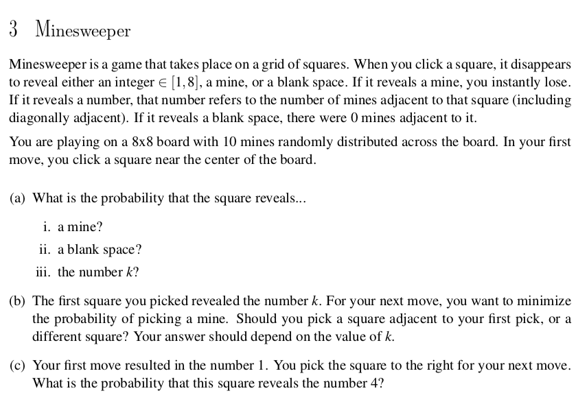 Solved 3 Minesweeper Minesweeper is a game that takes place | Chegg.com