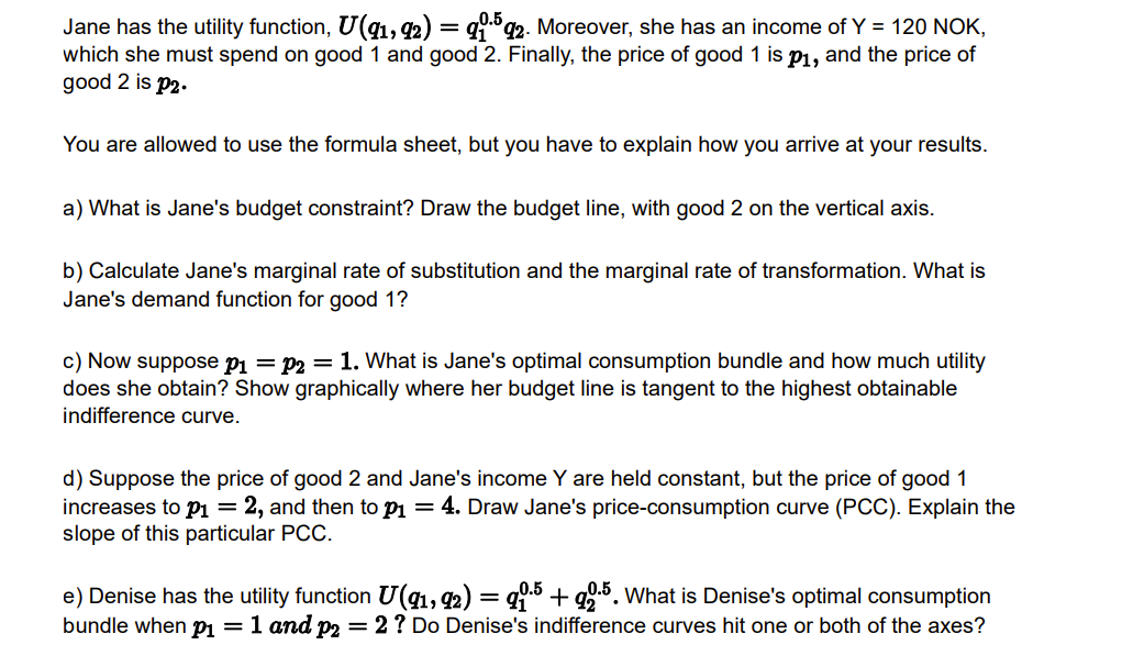 Solved Jane has the utility function, U(q1,q2)=q10.5q2. | Chegg.com