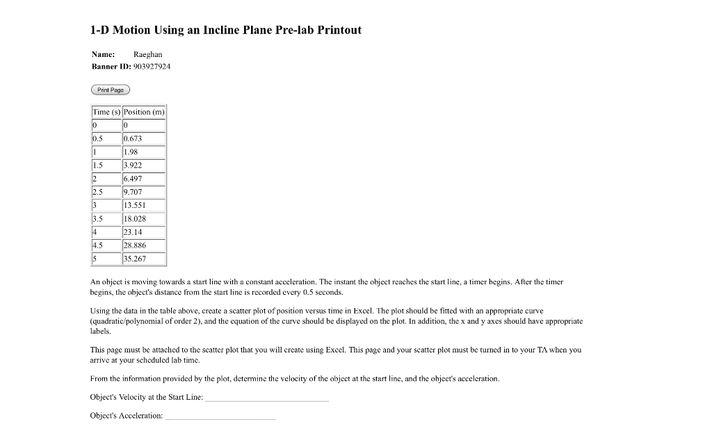 Solved 1-D Motion Using an Incline Plane Pre-lab Printout | Chegg.com