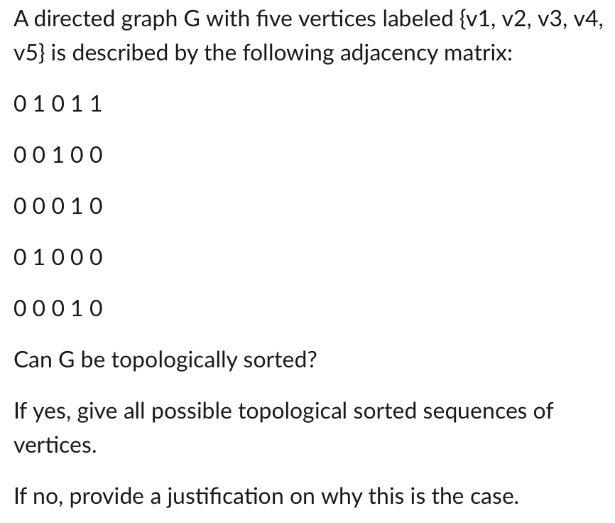Solved A directed graph G with five vertices labeled {v1, | Chegg.com