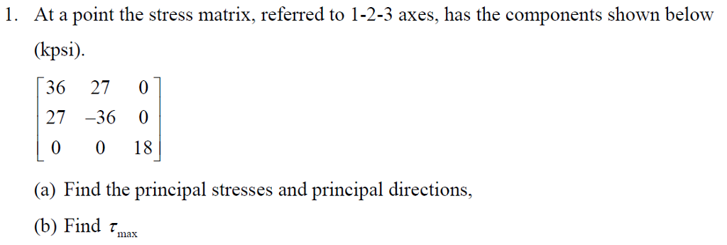 Solved At a point the stress matrix, referred to 1-2-3 axes, | Chegg.com