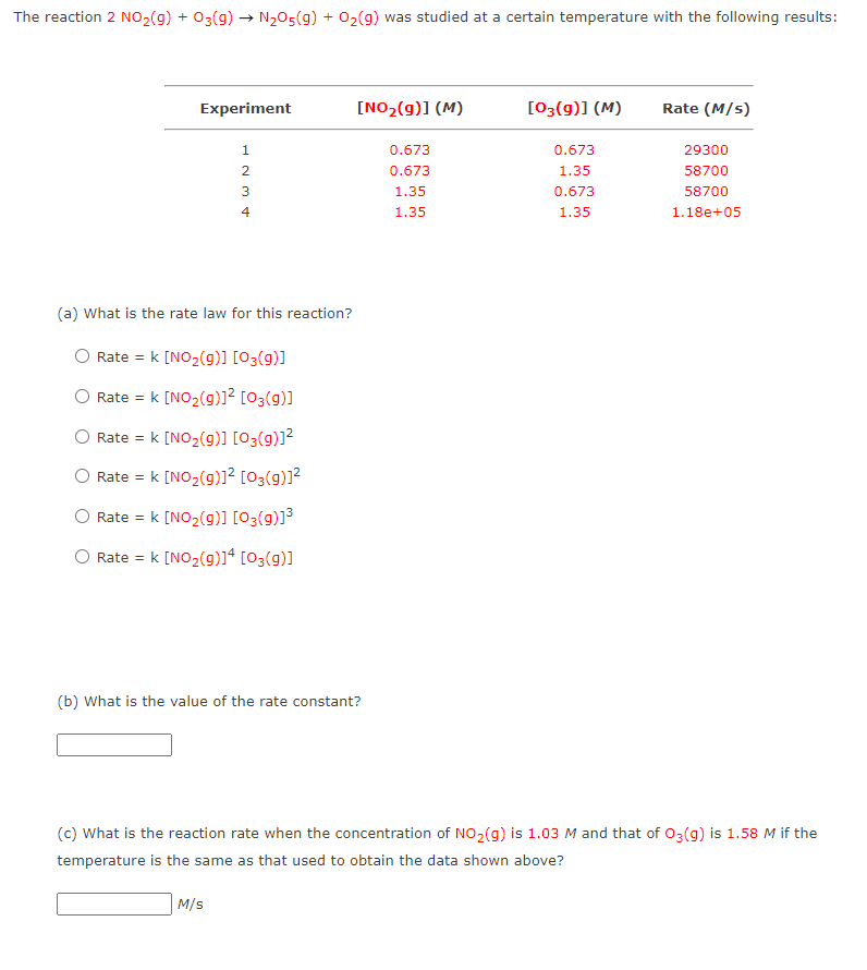 Solved The reaction 2NO2(g)+O3(g)→N2O5(g)+O2(g) was studied | Chegg.com
