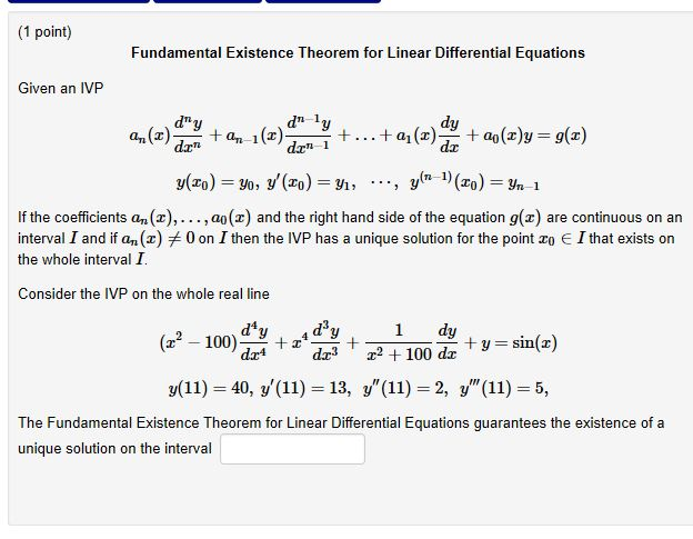 Solved (1 point) Fundamental Existence Theorem for Linear | Chegg.com