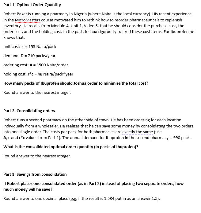 Solved Part 1: Optimal Order Quantity Robert Baker is | Chegg.com