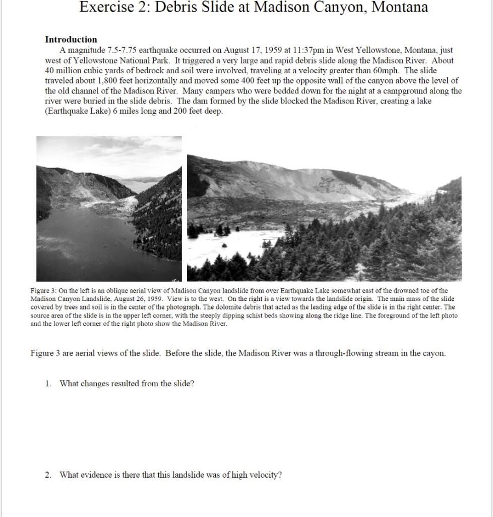 Solved Exercise 2: Debris Slide at Madison Canyon, Montana | Chegg.com