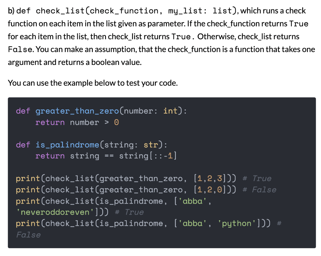 Solved b) def check_list(check_function, my_list: list), | Chegg.com
