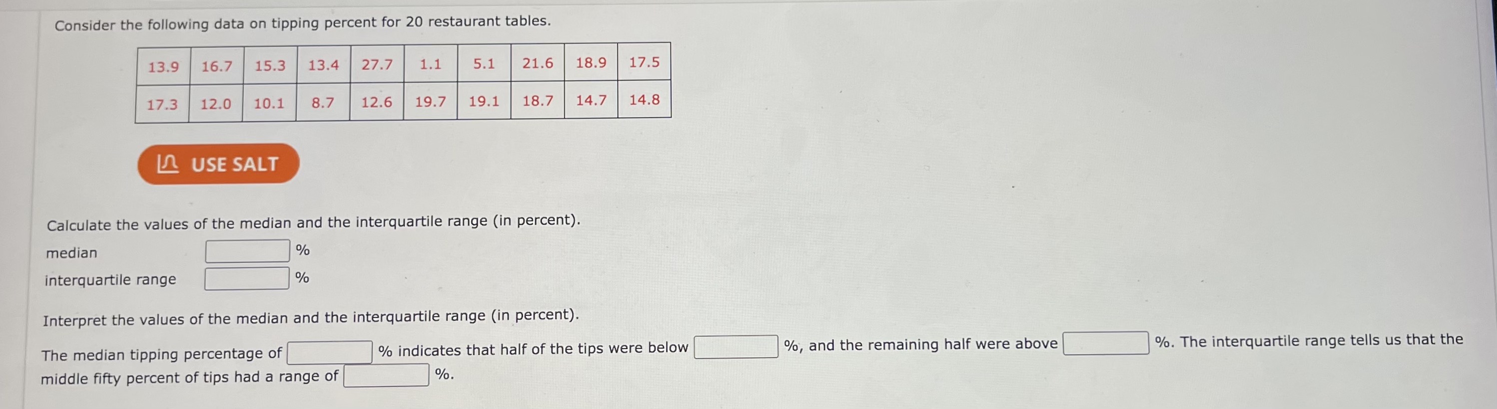 Solved Consider the following data on tipping percent for 20 | Chegg.com