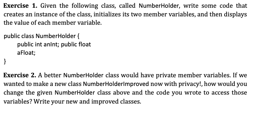 Solved Exercise 1. Given the following class, called Number | Chegg.com