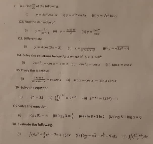 Solved 1. Find of the following (0 y = 2x'cos 3x 02. Find | Chegg.com