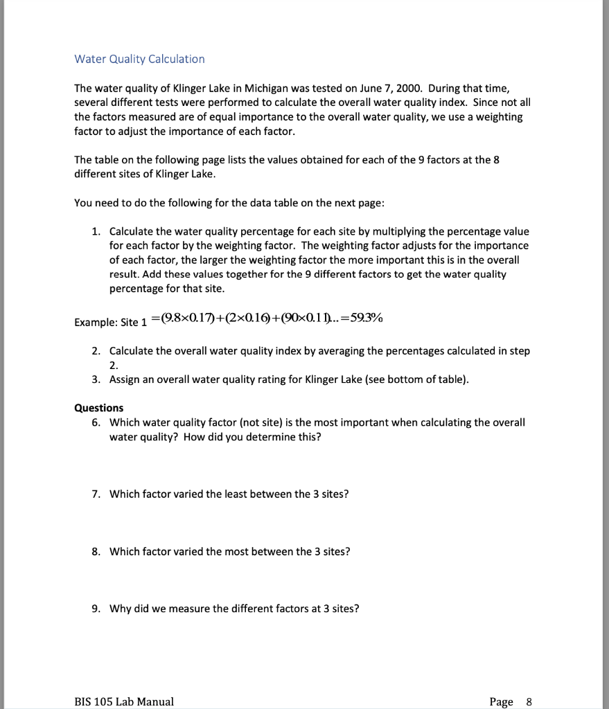 Solved Water Quality Calculation The water quality of | Chegg.com