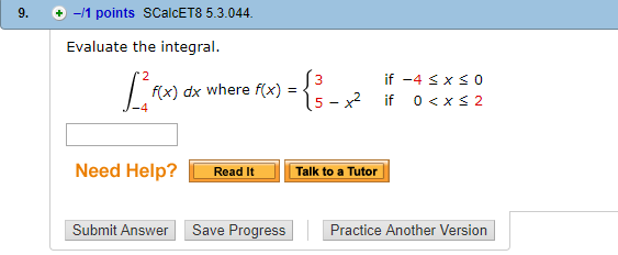 Solved + -/1 points SCalcET8 5.3.044 Evaluate the integral. | Chegg.com