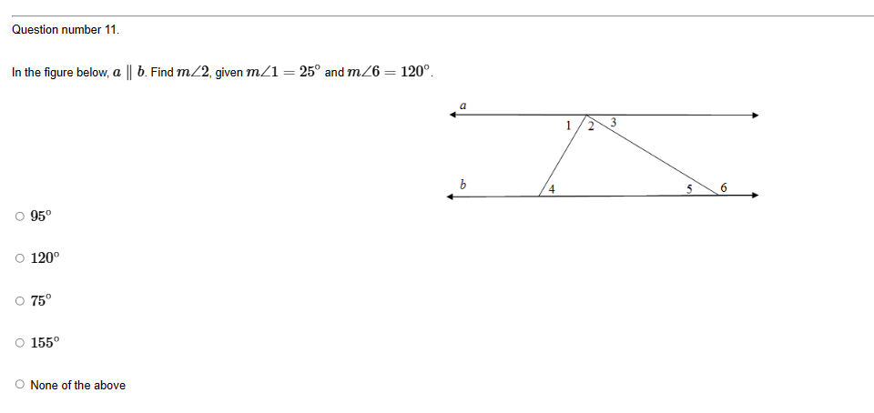 Solved In the figure below, a∥b. Find m∠2, given m∠1=25∘ and | Chegg.com
