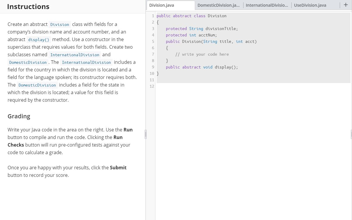Solved Create An Abstract Division Class With Fields For Chegg