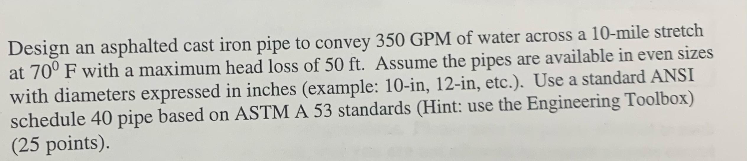 Solved Design an asphalted cast iron pipe to convey 350 GPM | Chegg.com