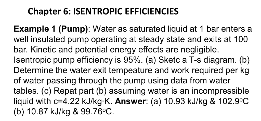 Solved Chapter 6: ISENTROPIC EFFICIENCIES Example 1 (Pump): | Chegg.com