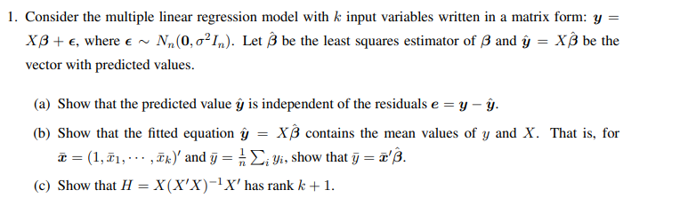 Solved Consider the multiple linear regression model with k | Chegg.com