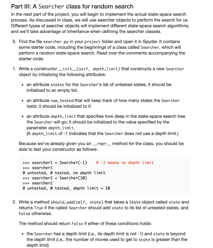 Solved Part III: A Searcher class for random search In the | Chegg.com