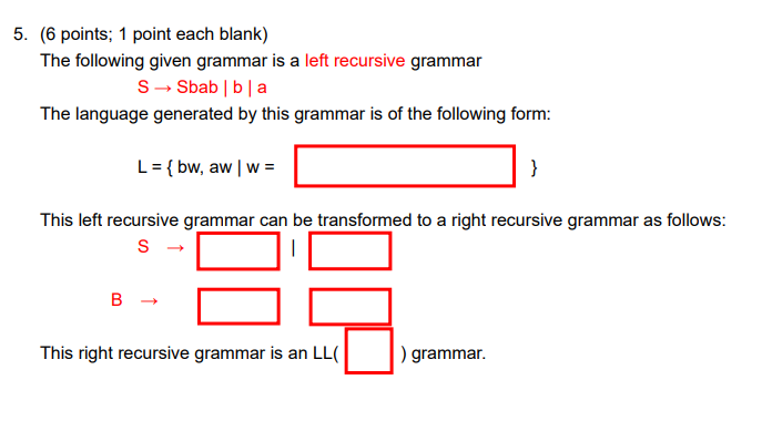 Solved 5. (6 points; 1 point each blank) The following given | Chegg.com