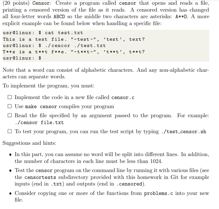 Solved ( 20 points) Censor: Create a program called censor | Chegg.com