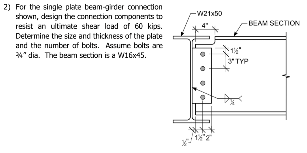 Solved 2) For the single plate beam-girder connection shown, | Chegg.com