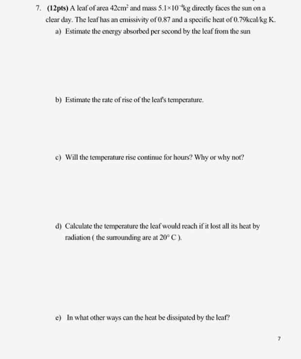 Solved (12pts) A leaf of area 42 cm2 and mass 5.1×10−4 kg | Chegg.com