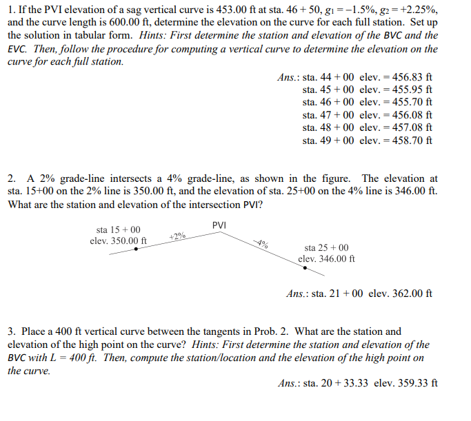 Solved 1. If the PVI elevation of a sag vertical curve is | Chegg.com