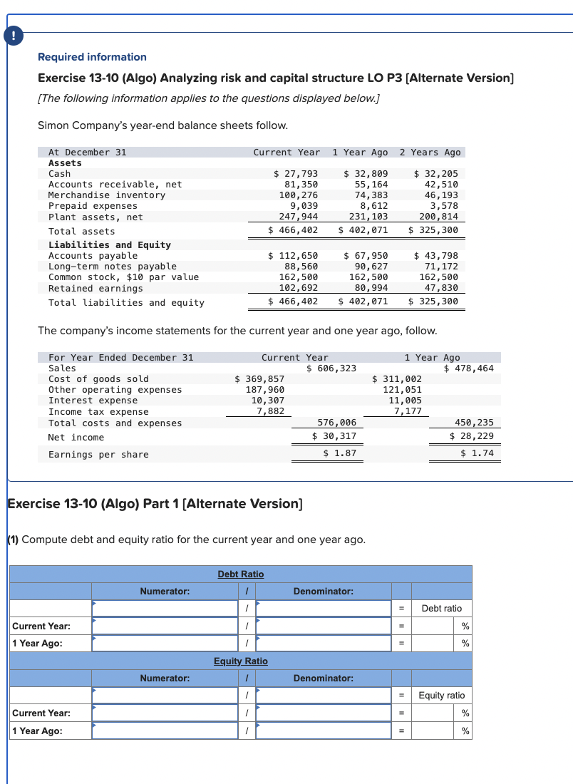 Solved Required informationExercise 13-10 (Algo) ﻿Analyzing | Chegg.com
