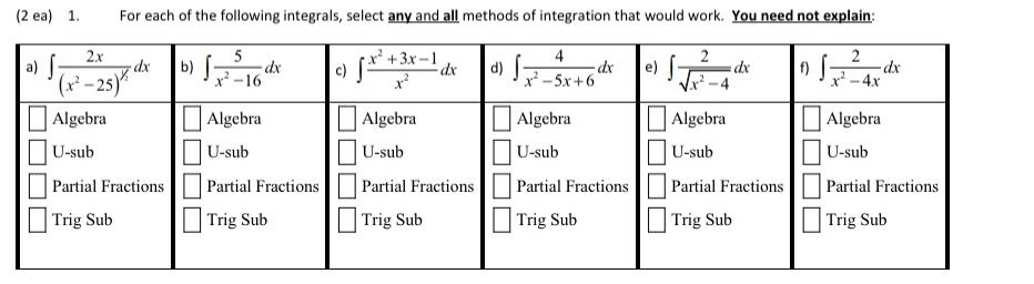 Solved (2 ea) 1. For each of the following integrals, select | Chegg.com