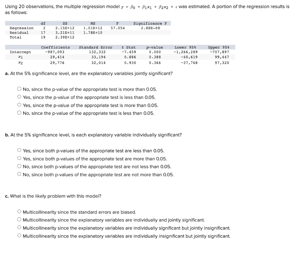 Solved Using 20 observations, the multiple regression model | Chegg.com