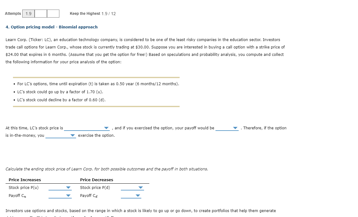 Solved Attempts 1.9 Keep the Highest 1.9 / 12 4. Option | Chegg.com