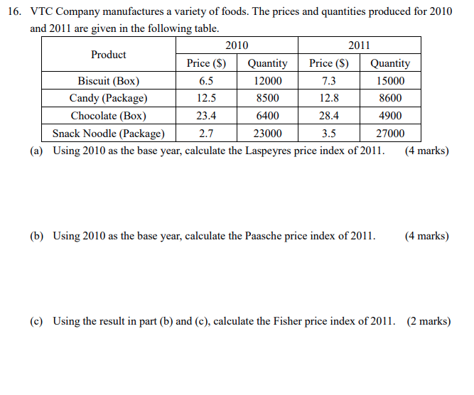Solved 16. VTC Company manufactures a variety of foods. The | Chegg.com