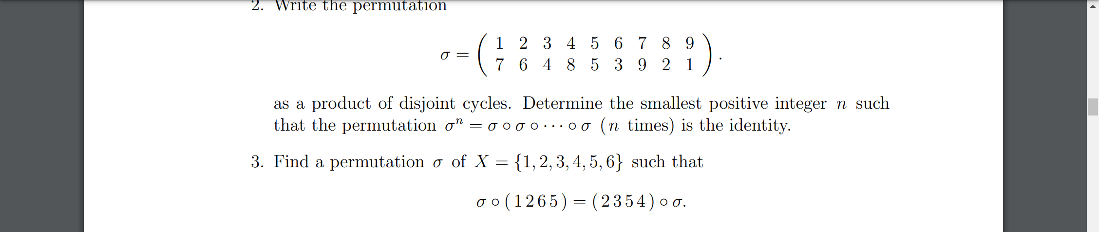 Solved 2. Write the permutation σ Ξ ( 1 2 3 4 5 6 7 8 9 7 6 | Chegg.com