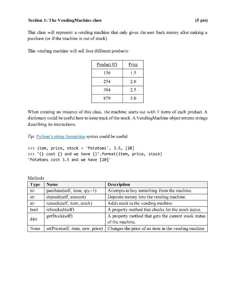 Solved Section 1: The Vending Machine class (5 pts) This | Chegg.com